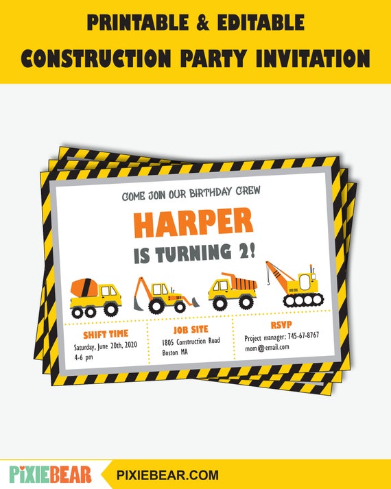Construction Party Invitation, Construction Birthday Printable Invitation, Construction First ...