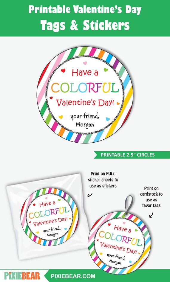 Colorful Valentines Stickers, Printable Crayons Valentines Day Tags for ...
