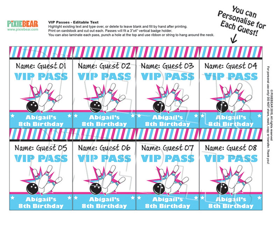 Bowling Birthday VIP Passes Bowling Party Printable VIP Pass - Etsy