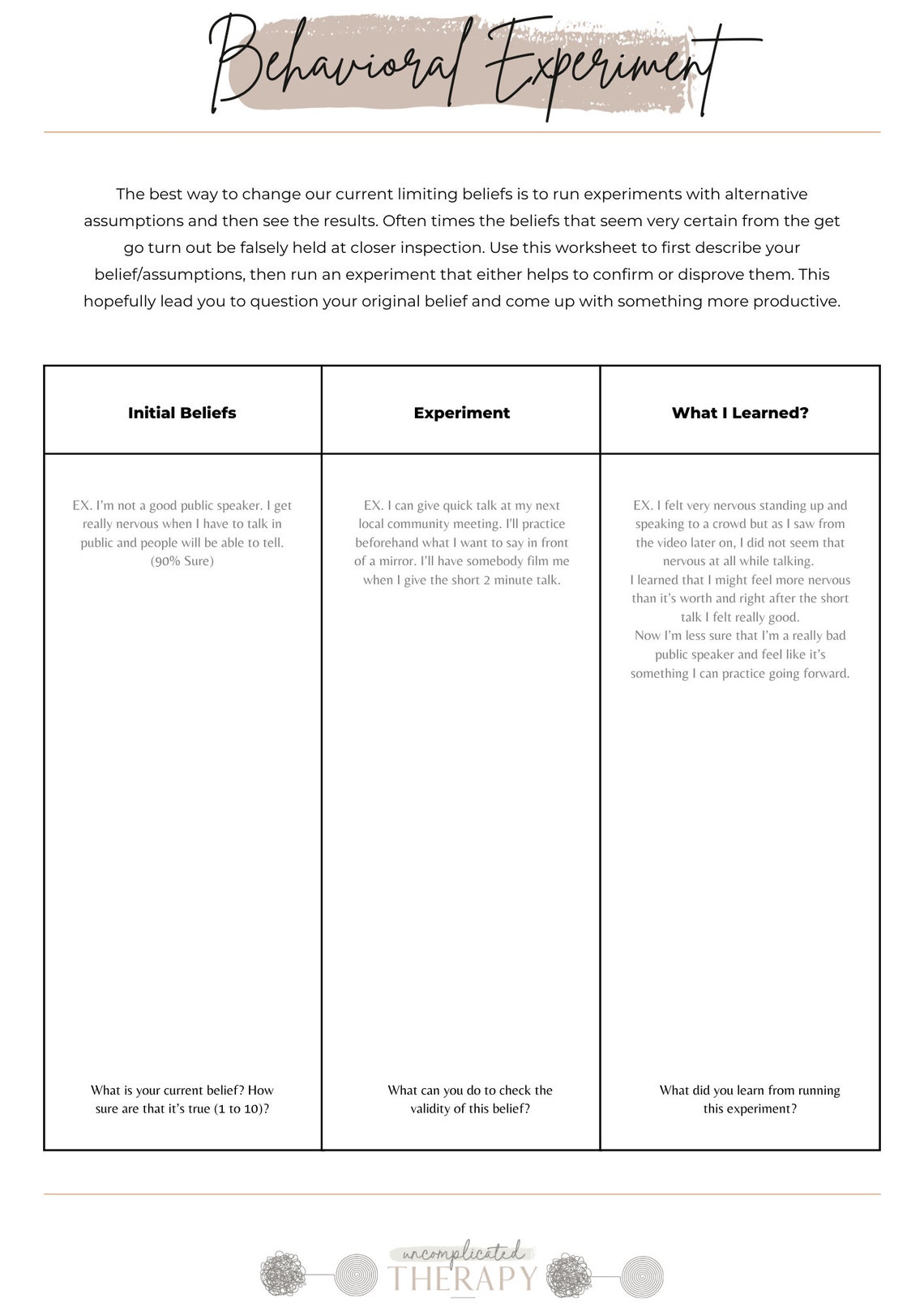 Behavioral Experiment Worksheet for Therapists Counselors & | Etsy