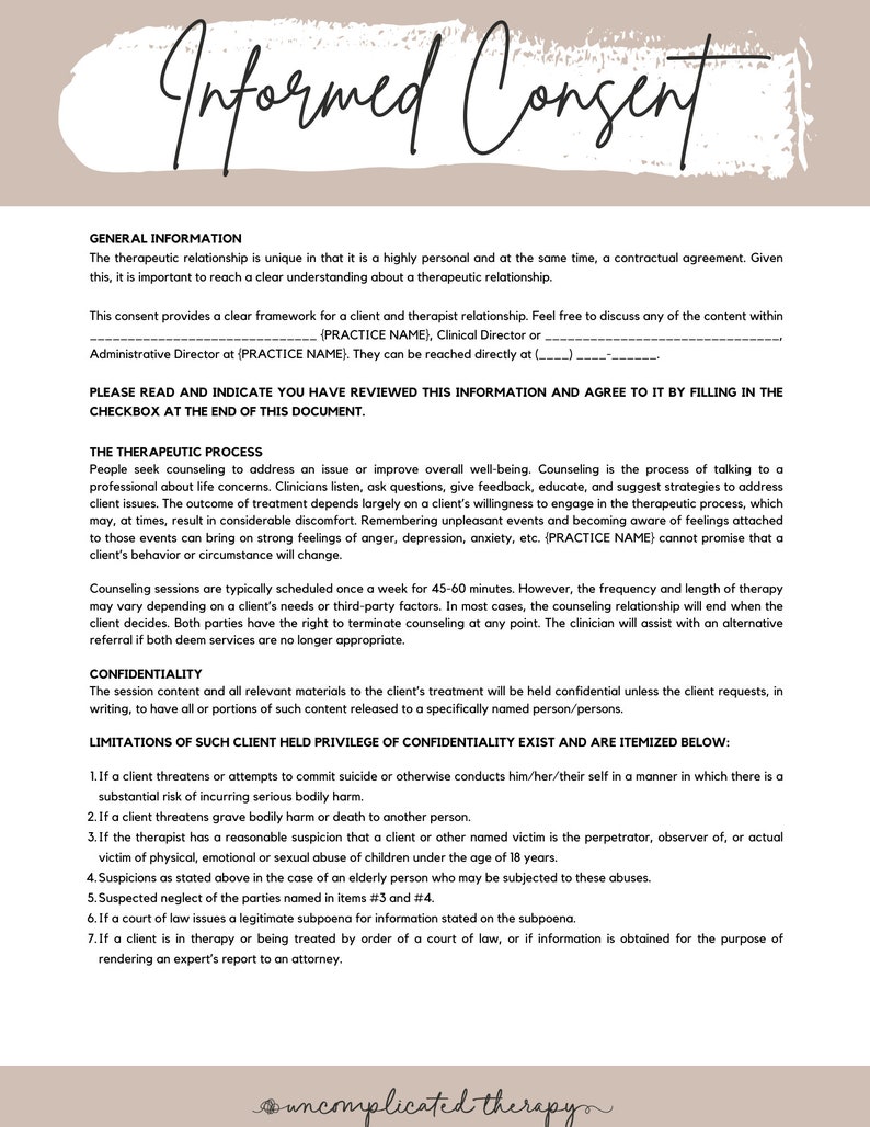 Informed Consent Form, 3 Options CANVA Customizable for Therapists ...