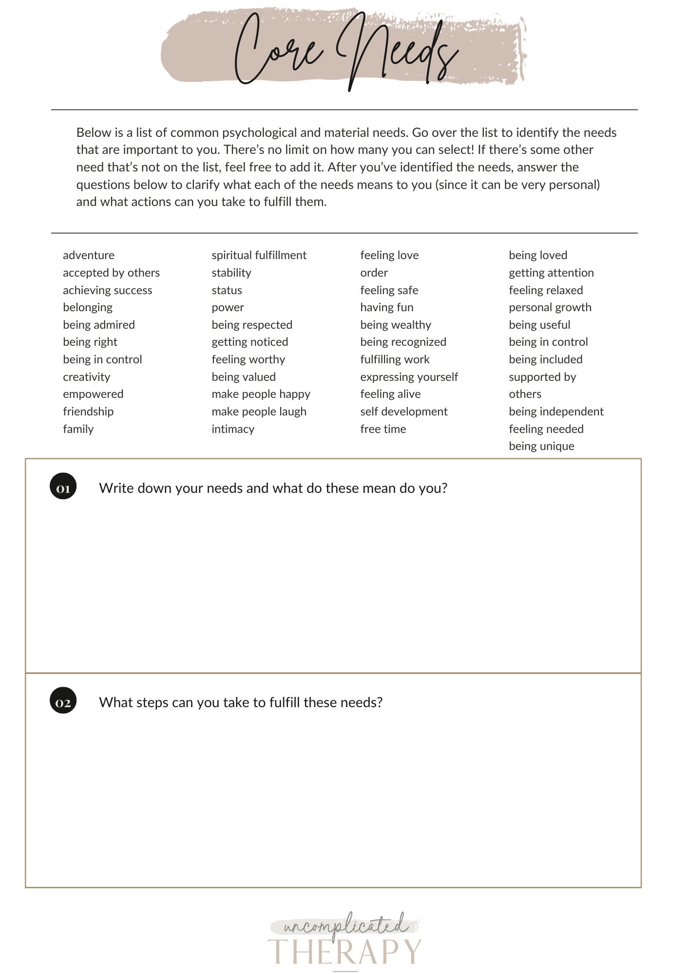 Core Needs|therapy Worksheets|counseling Resources|psychology|cbt ...
