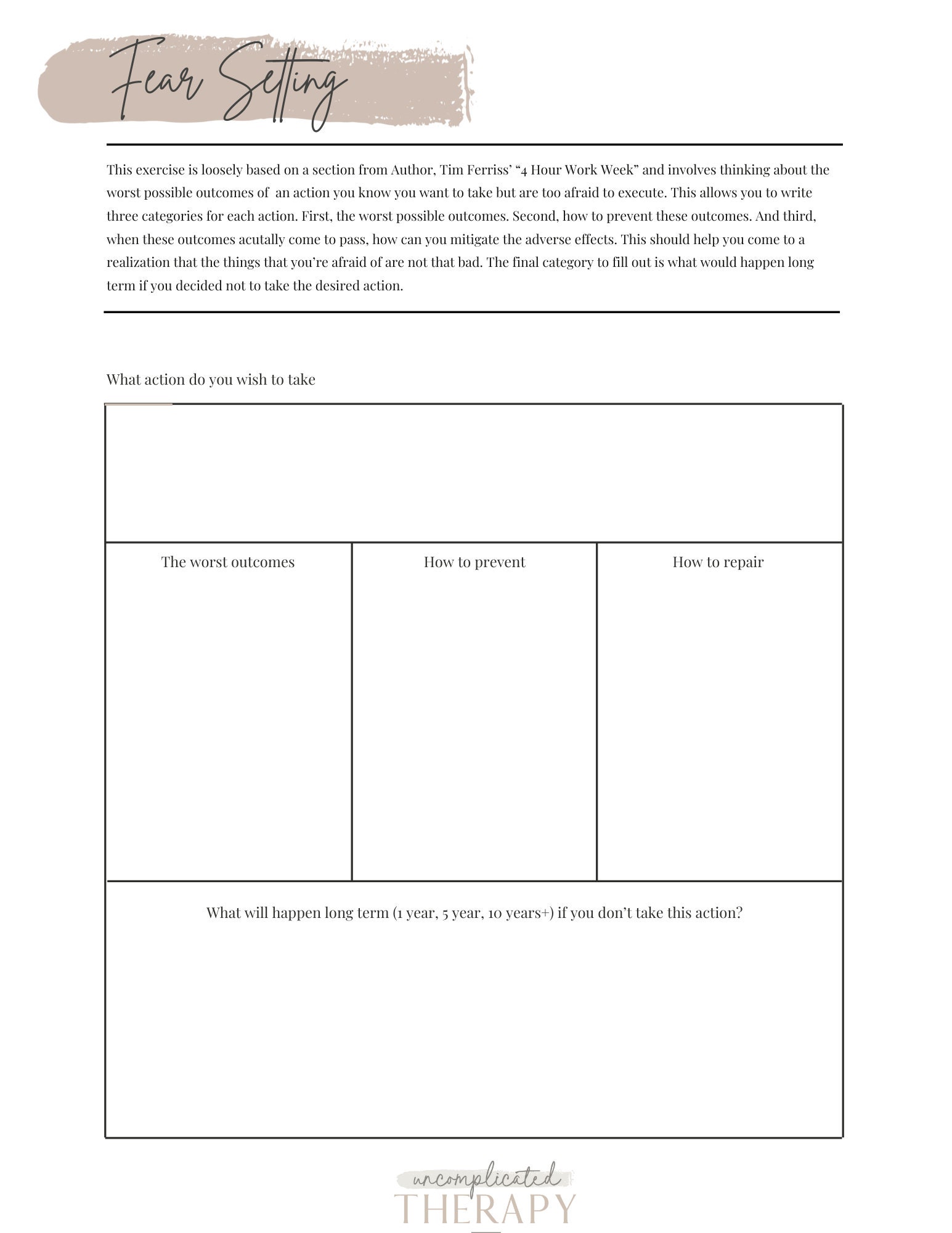 Fear Setting|therapy Worksheets| Counseling Resources |psychology ...