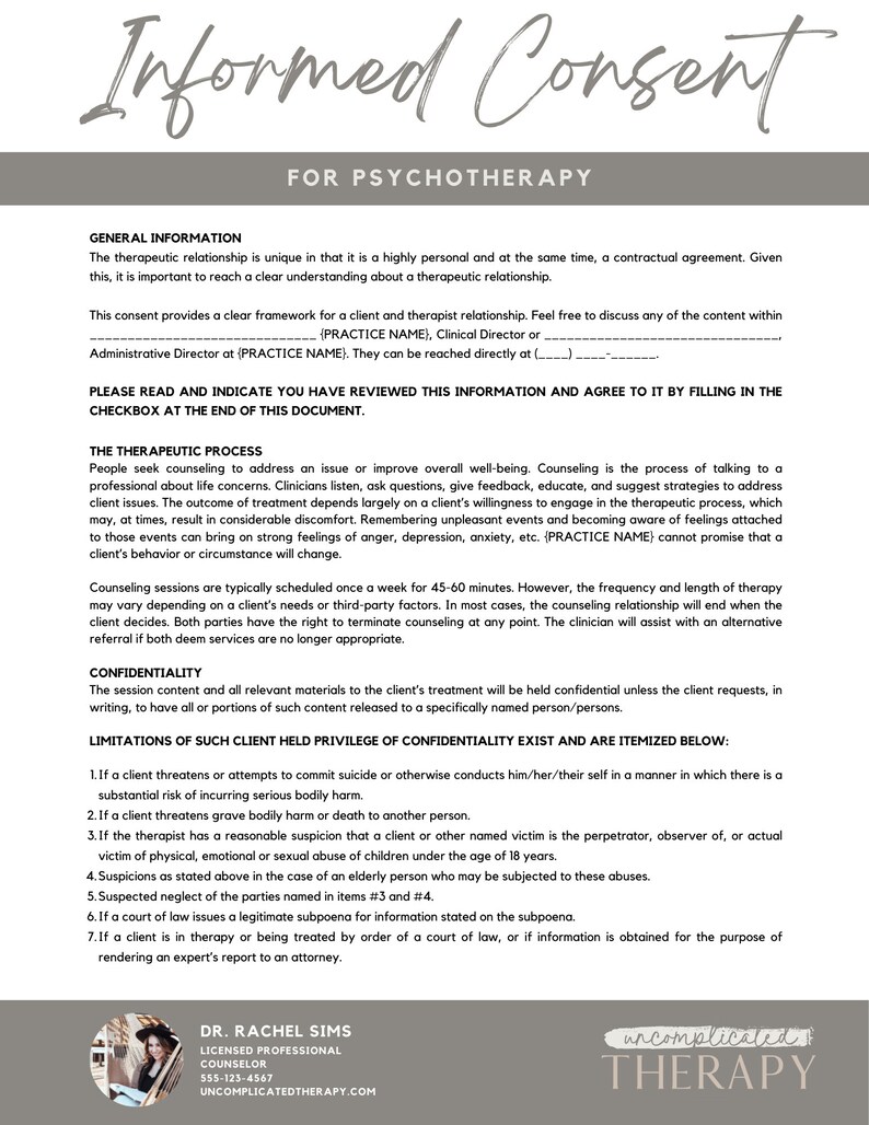 Informed Consent Form, 3 Options CANVA Customizable for Therapists ...