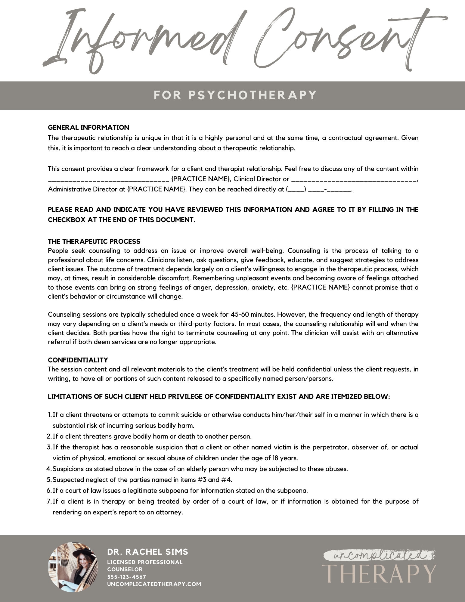 Informed Consent Form, 3 Options CANVA Customizable For Therapists ...