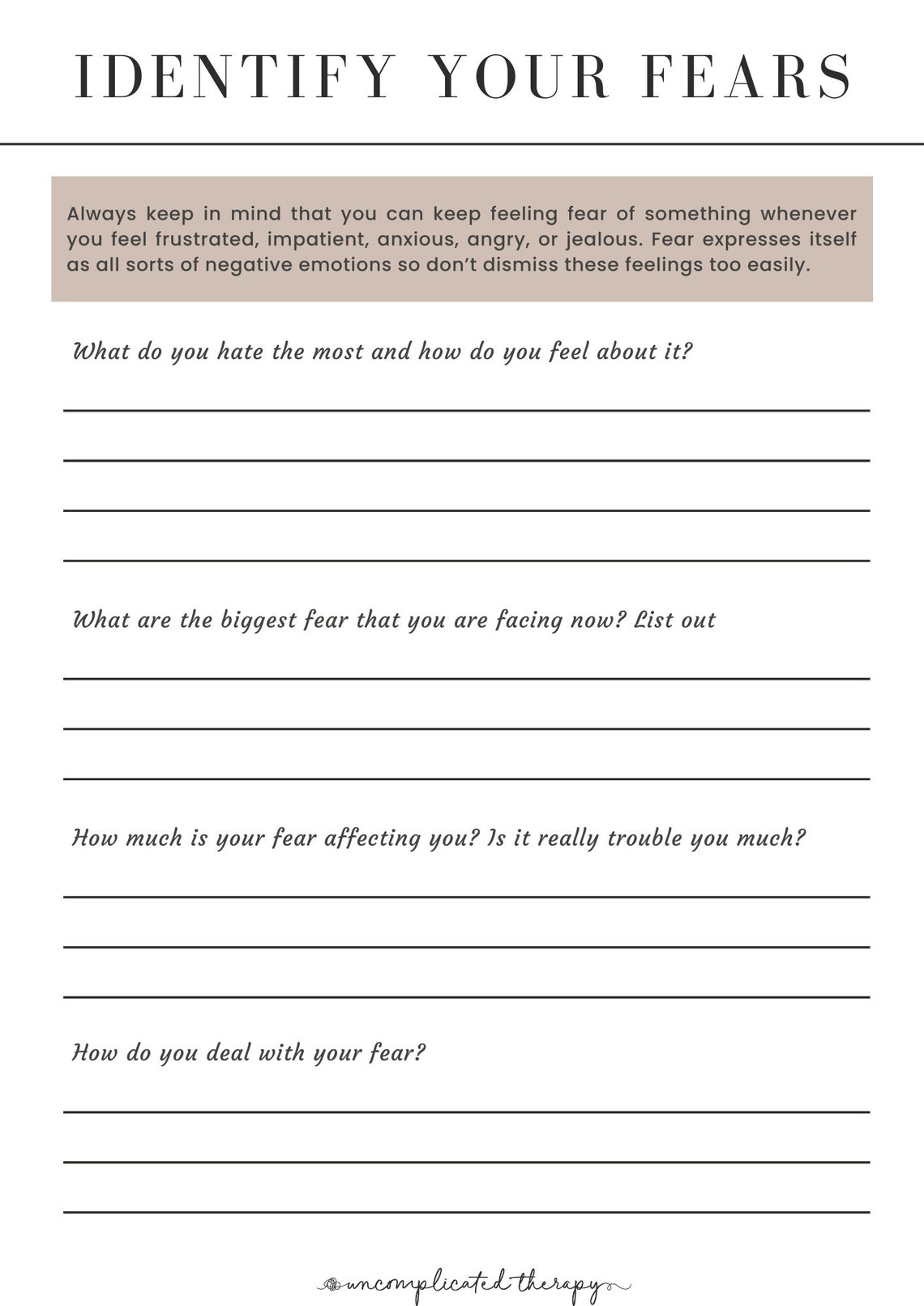 Identifying Your Fears|therapy Worksheets|counseling Resources ...