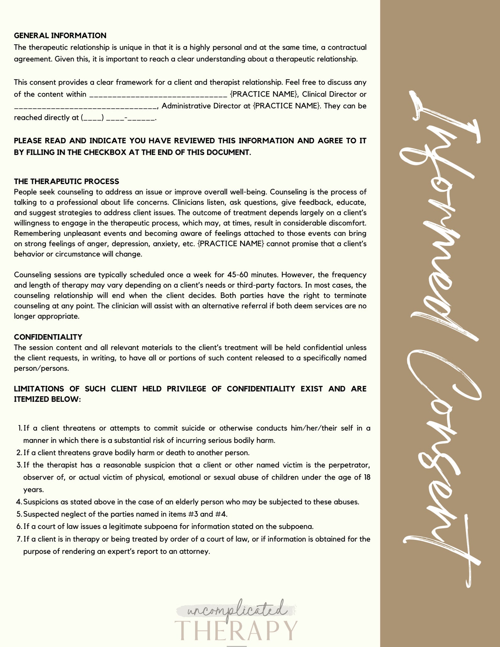 Informed Consent Form, 3 Options CANVA Customizable for Therapists ...