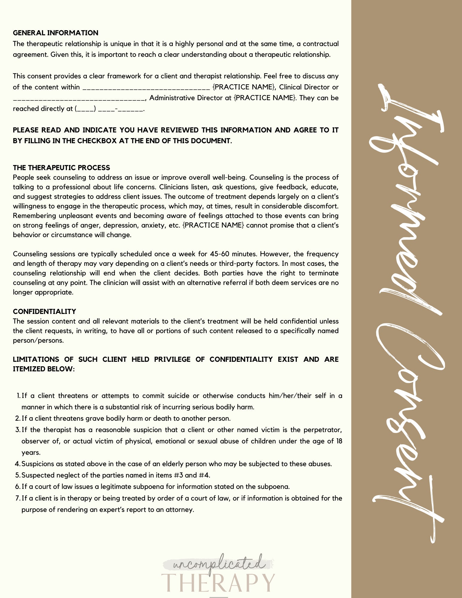 Informed Consent Form, 3 Options CANVA Customizable For Therapists ...