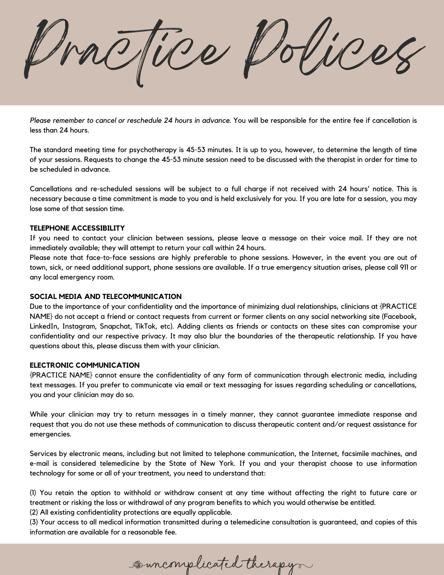 Practice Policies Form, 3 Options CANVA Customizable for Therapists ...