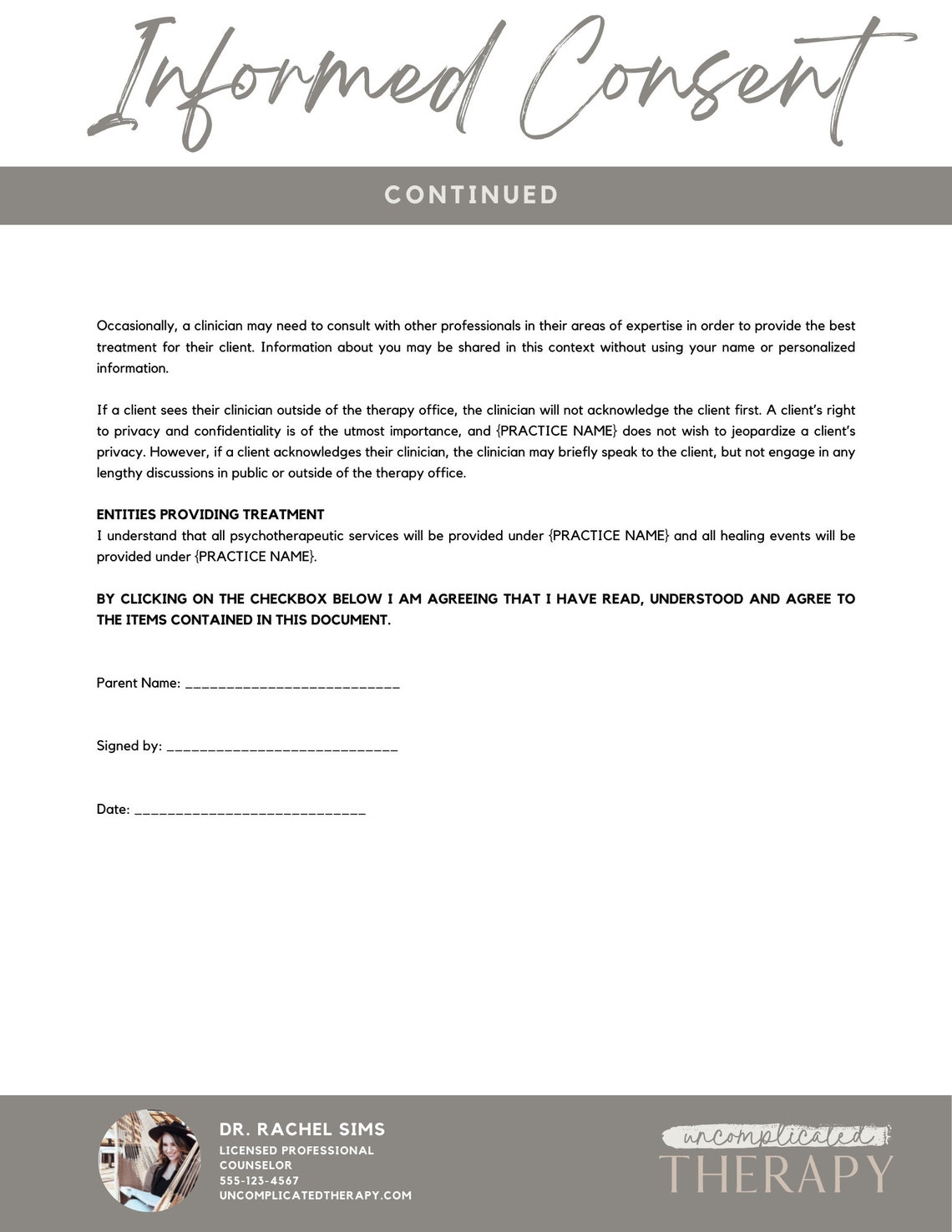 Informed Consent Form, 3 Options CANVA Customizable for Therapists ...