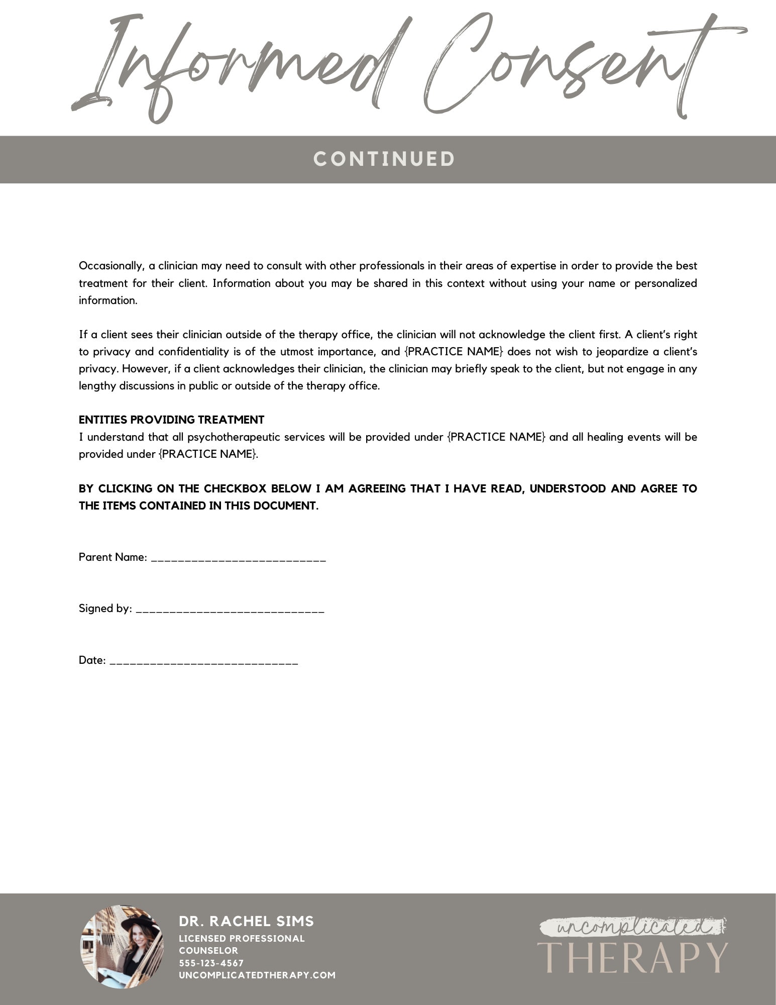 Informed Consent Form, 3 Options CANVA Customizable For Therapists ...