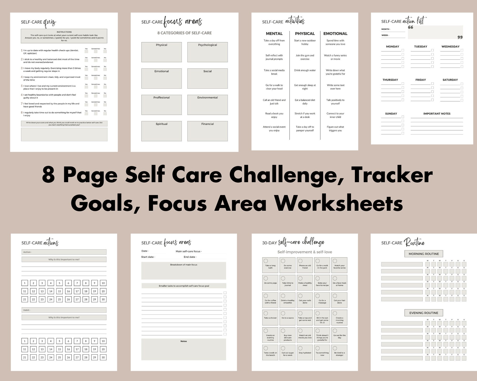 Self Care Challenge Printable: Goal Tracker & Therapy Worksheets (PDF ...