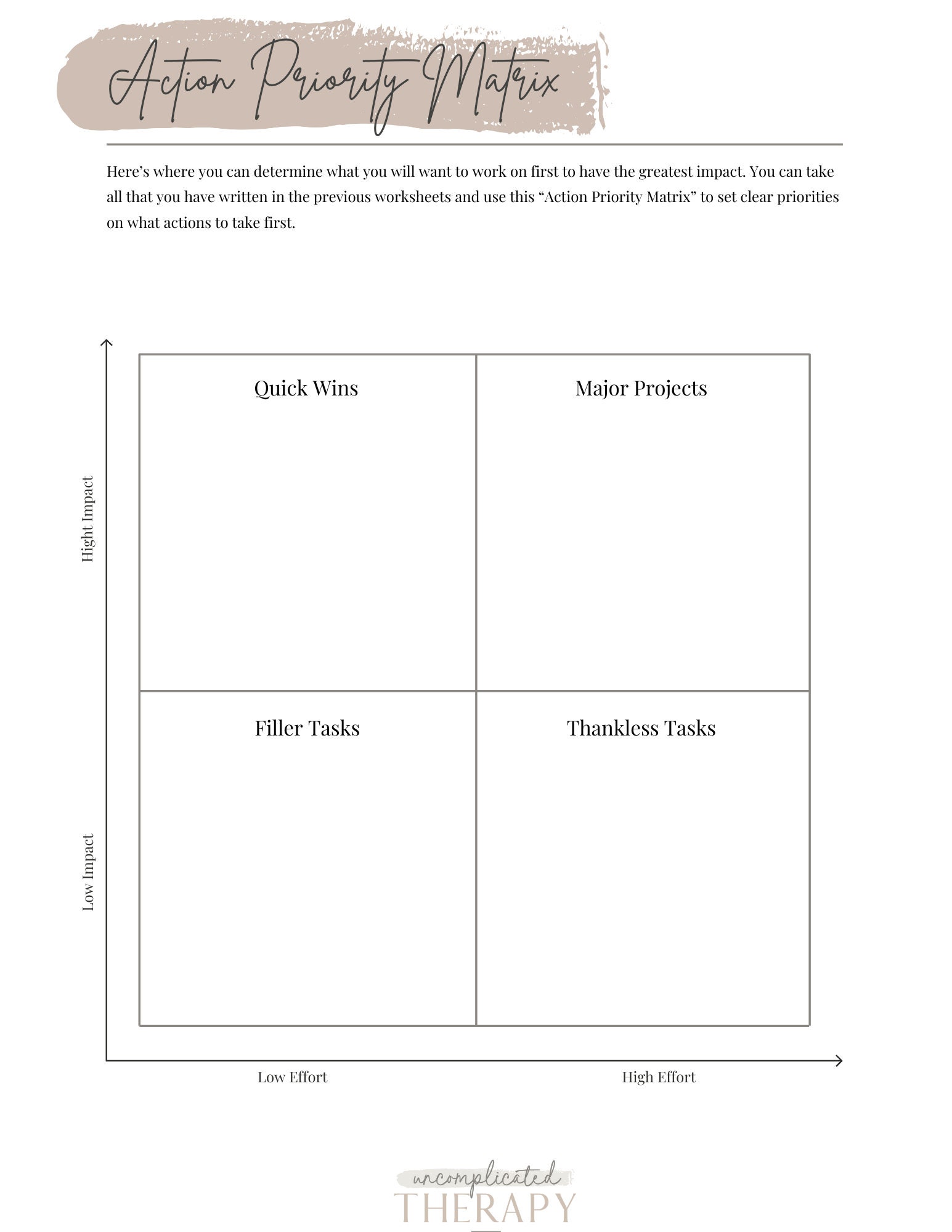 Action Priority, Action Matrix Worksheets (2) For Therapists ...