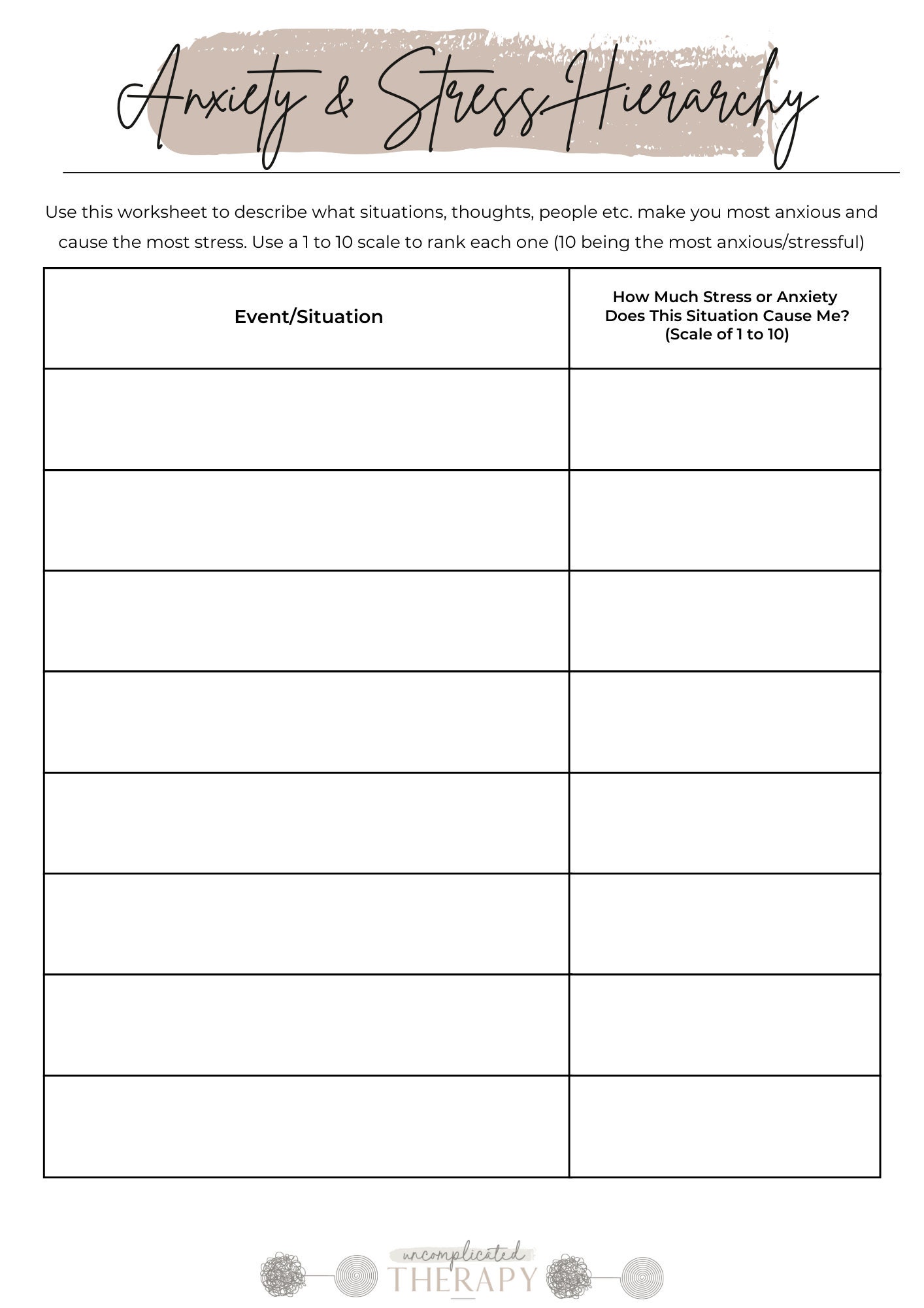 Anxiety and Stress Hierarchy Worksheet For Therapists, Counselors ...