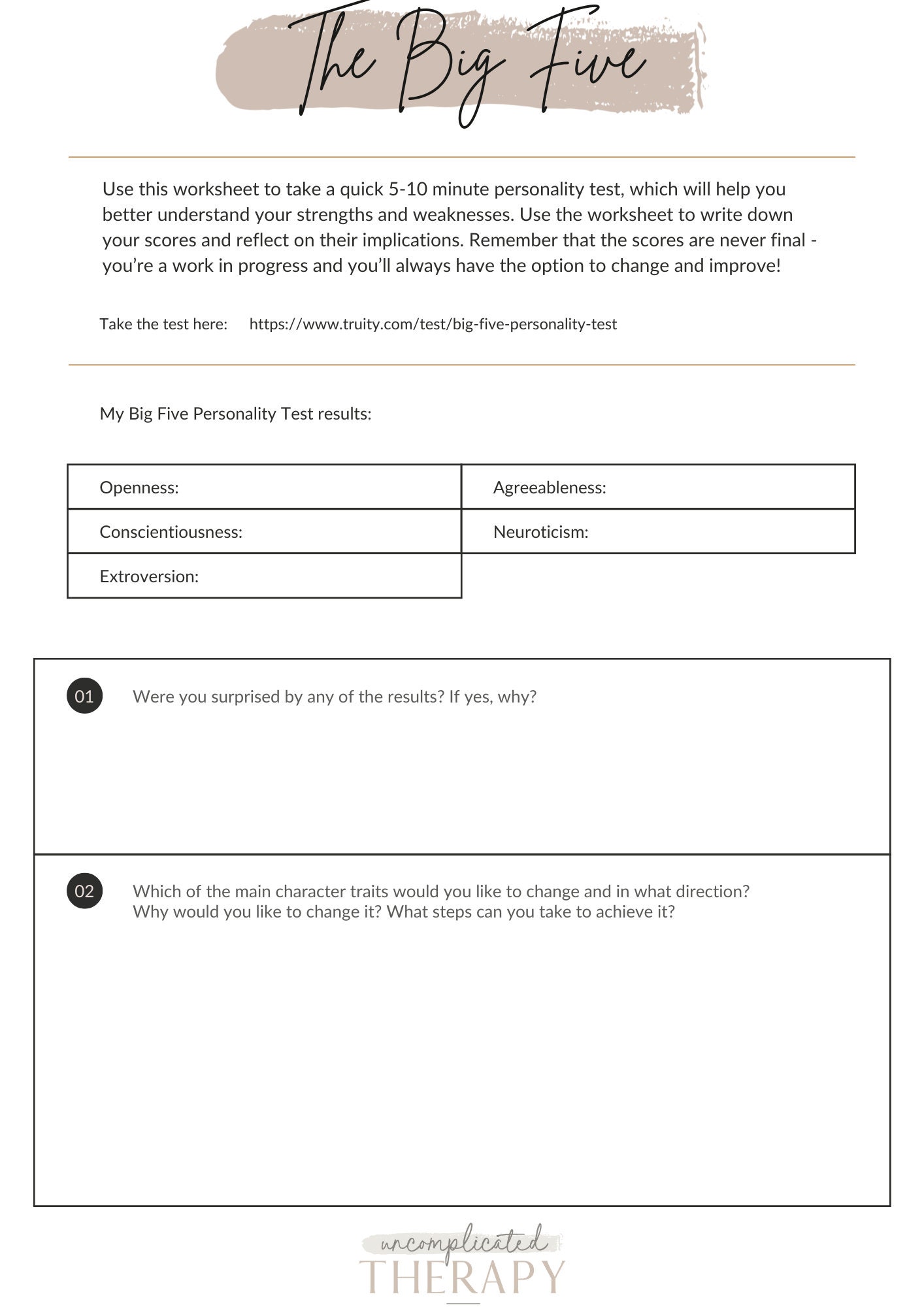 The Big Five Worksheet For Therapists, Counselors, and Coaches ...