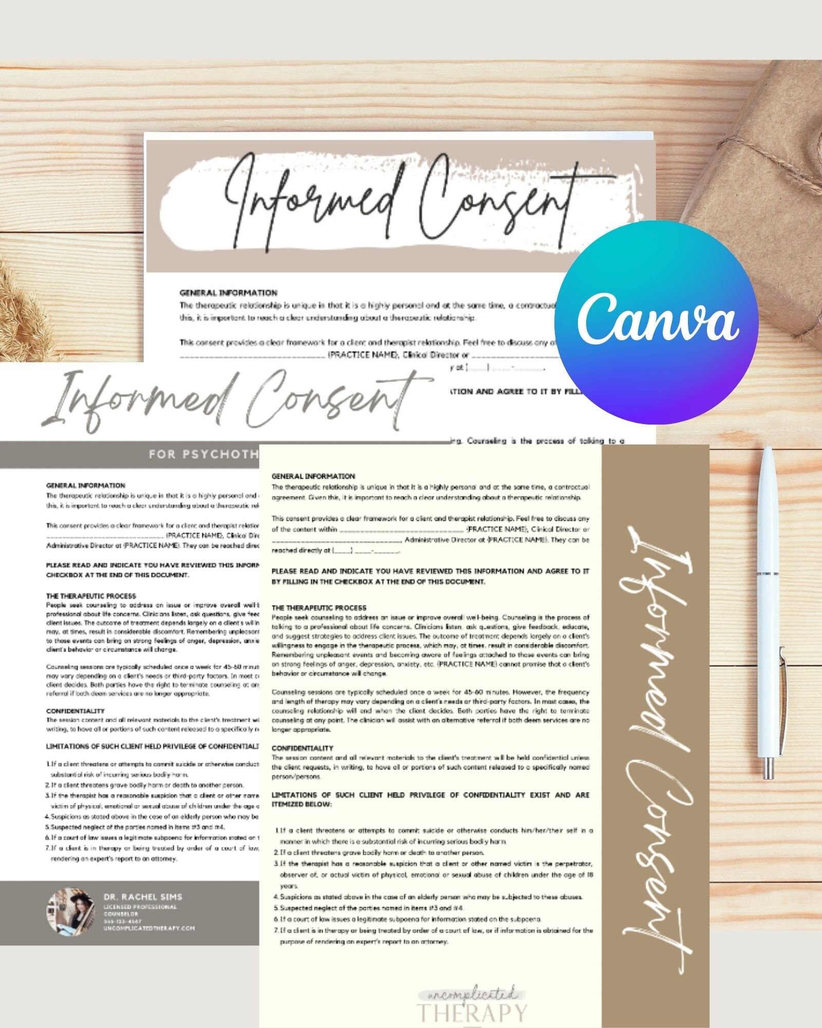 Informed Consent Form, 3 Options CANVA Customizable For Therapists ...