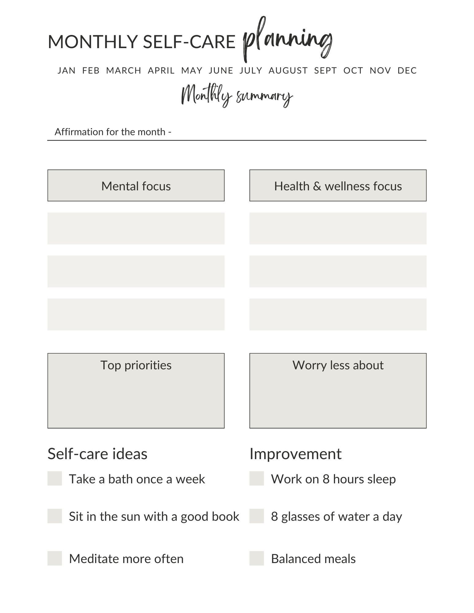 12 Month Monthly Self Care Goal & Improvement Trackertherapy - Etsy