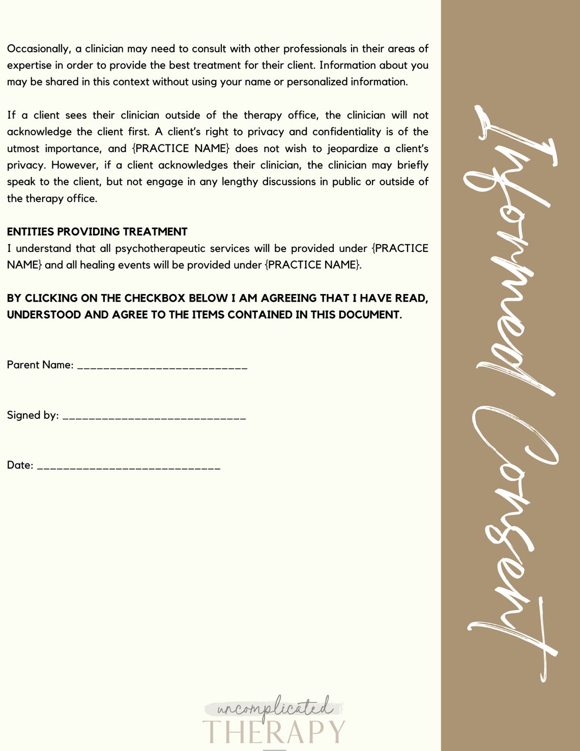 Informed Consent Form, 3 Options CANVA Customizable for Therapists ...