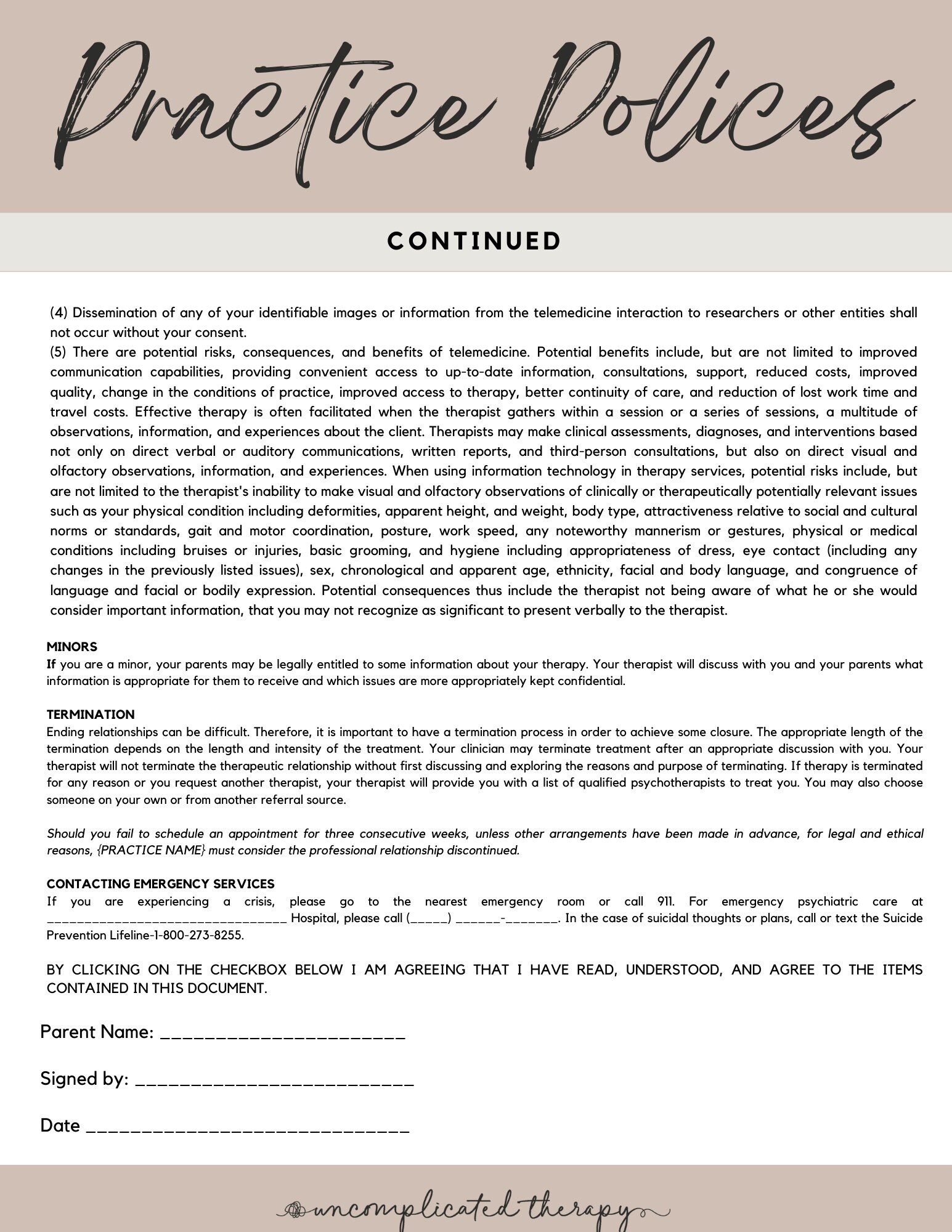 Practice Policies Form, 3 Options CANVA Customizable for Therapists ...