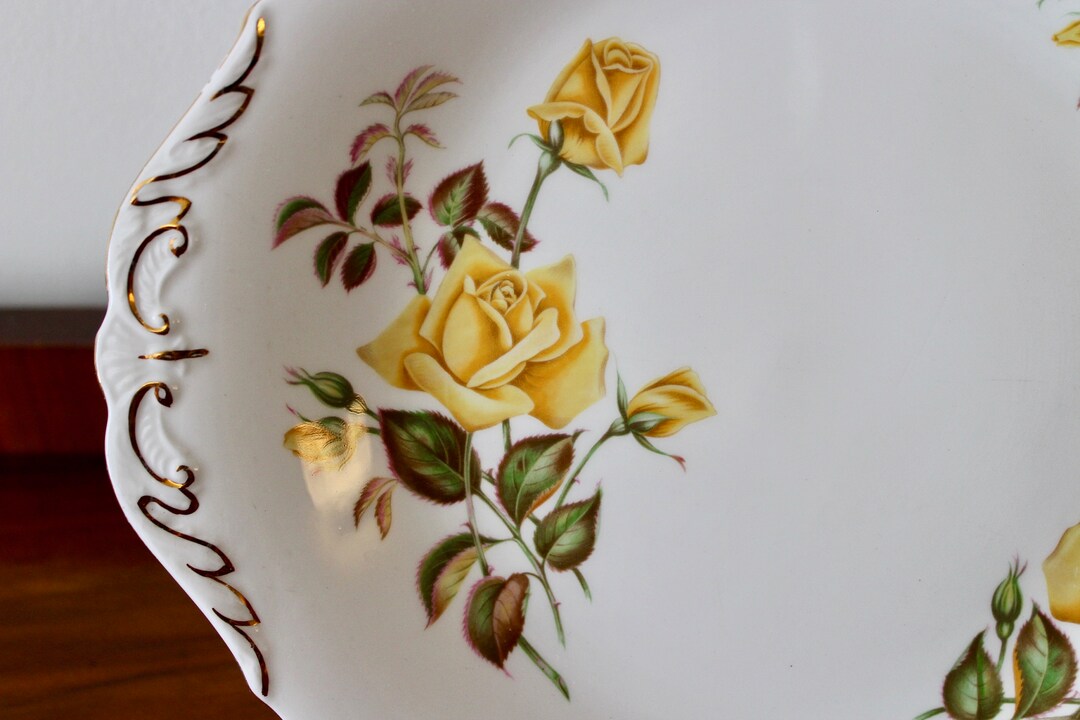 1960's Paragon Cake Serving Plate White With Yellow Roses and Gold Gilt ...