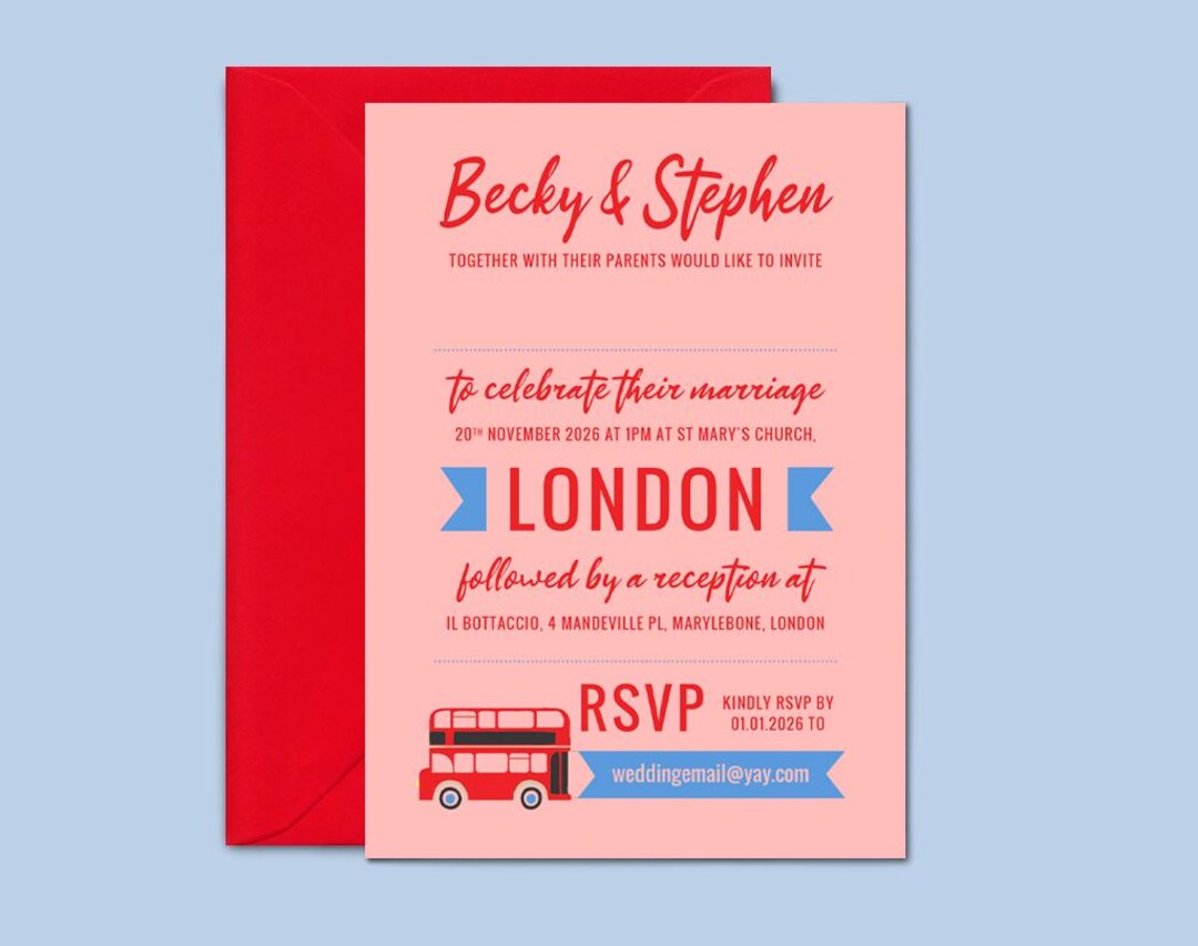London Themed Wedding Invitations, Red Bus, British Wedding Invites ...