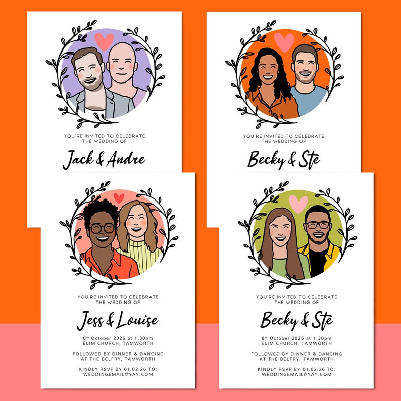 Personalised Couple Portrait Wedding Invitations / Party Invitation ...