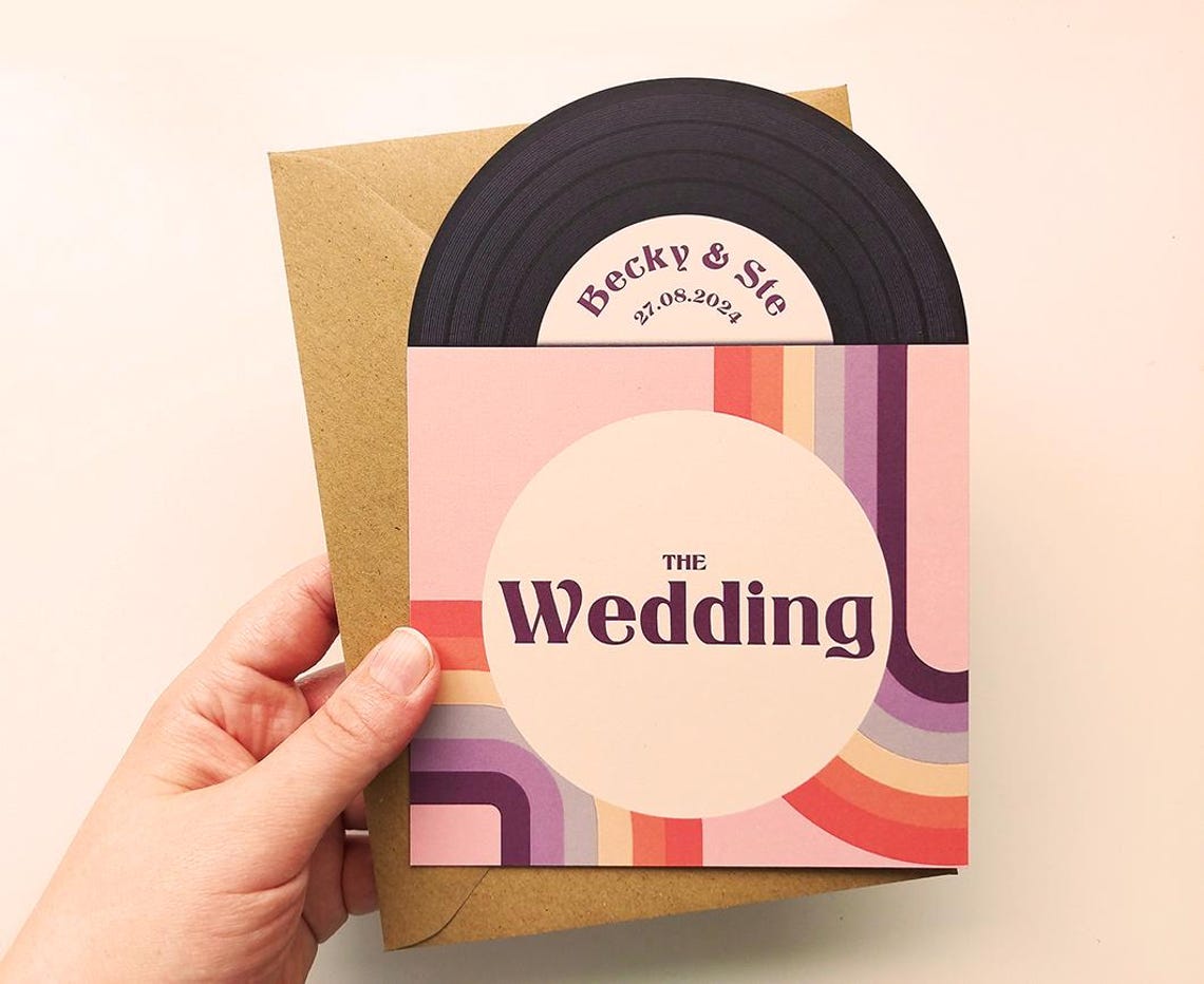 Retro Vinyl Record Design Wedding Invitations, Personalised Rainbow ...
