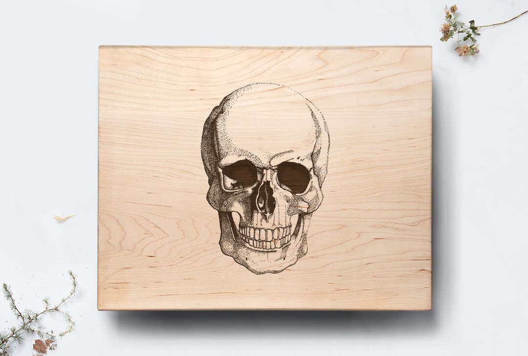 Engraved Human Skull on Wood Cutting Board, Personalized Kitchen Decor ...