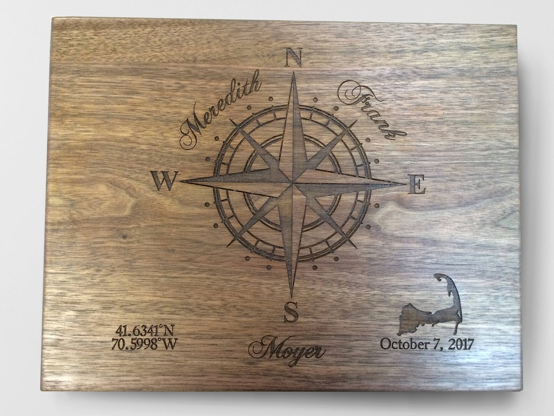 Custom Latitude Longitude Coordinates Engraved With Compass on Wood ...