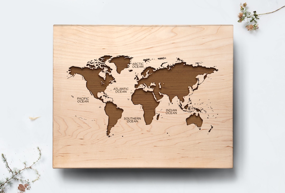Laser Engraved World Map on Natural Wood Cutting Board - Etsy