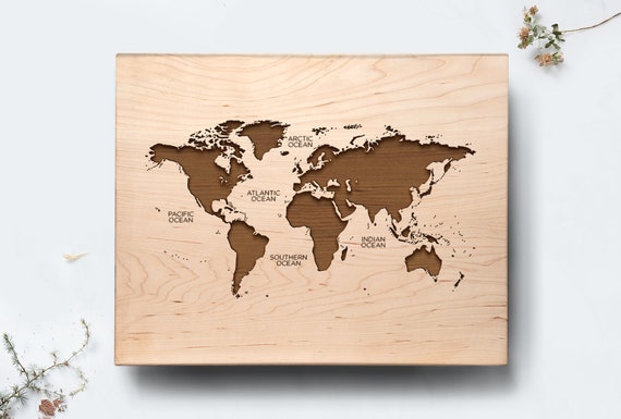 Laser Engraved World Map on Natural Wood Cutting Board - Etsy
