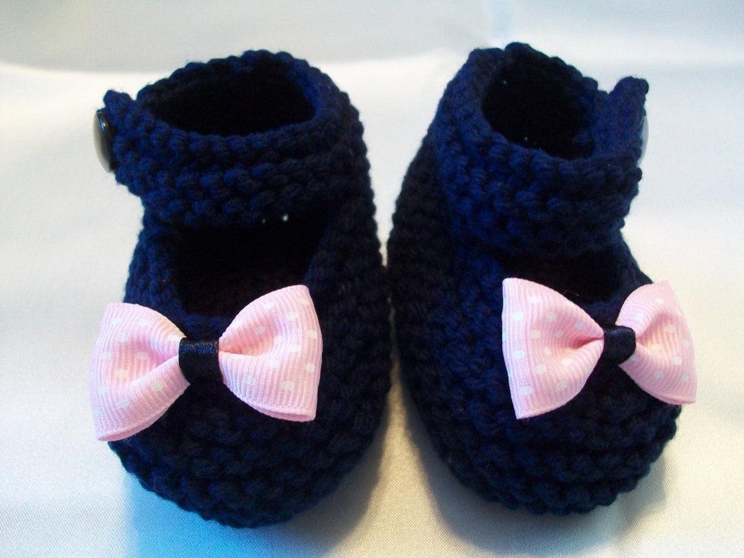 Handmade Crochet Baby Booties: Navy Blue Mary Janes With Pink Bows (0-3 ...