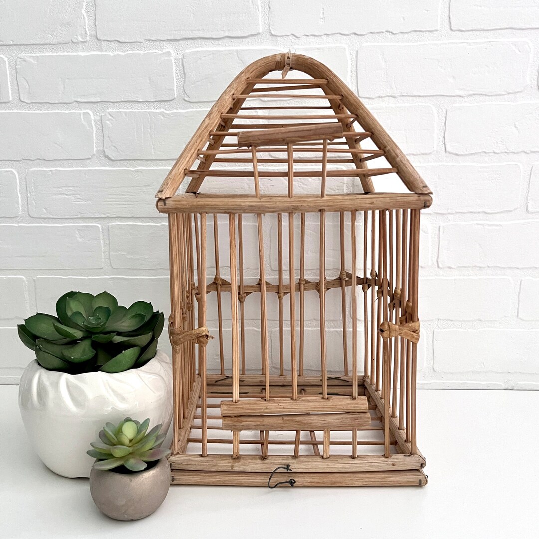 Vintage Bird Cage, Wood Bird Cage, Rustic Wood Bird House, Bamboo Cage ...