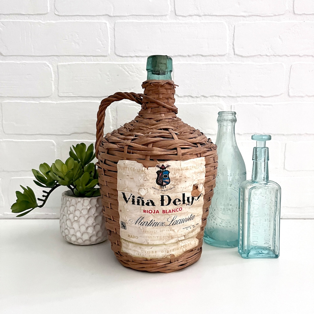 Vintage Wicker Covered Wine Bottle, Demijohn Wine Bottle, Wicker ...