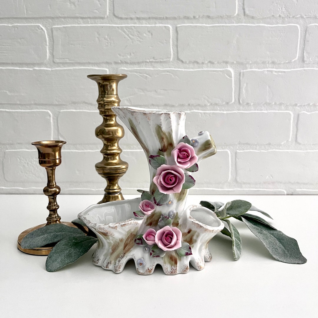 Vintage Rosebud Bud Vase, Hand Painted Tree Stump With Roses Vase ...