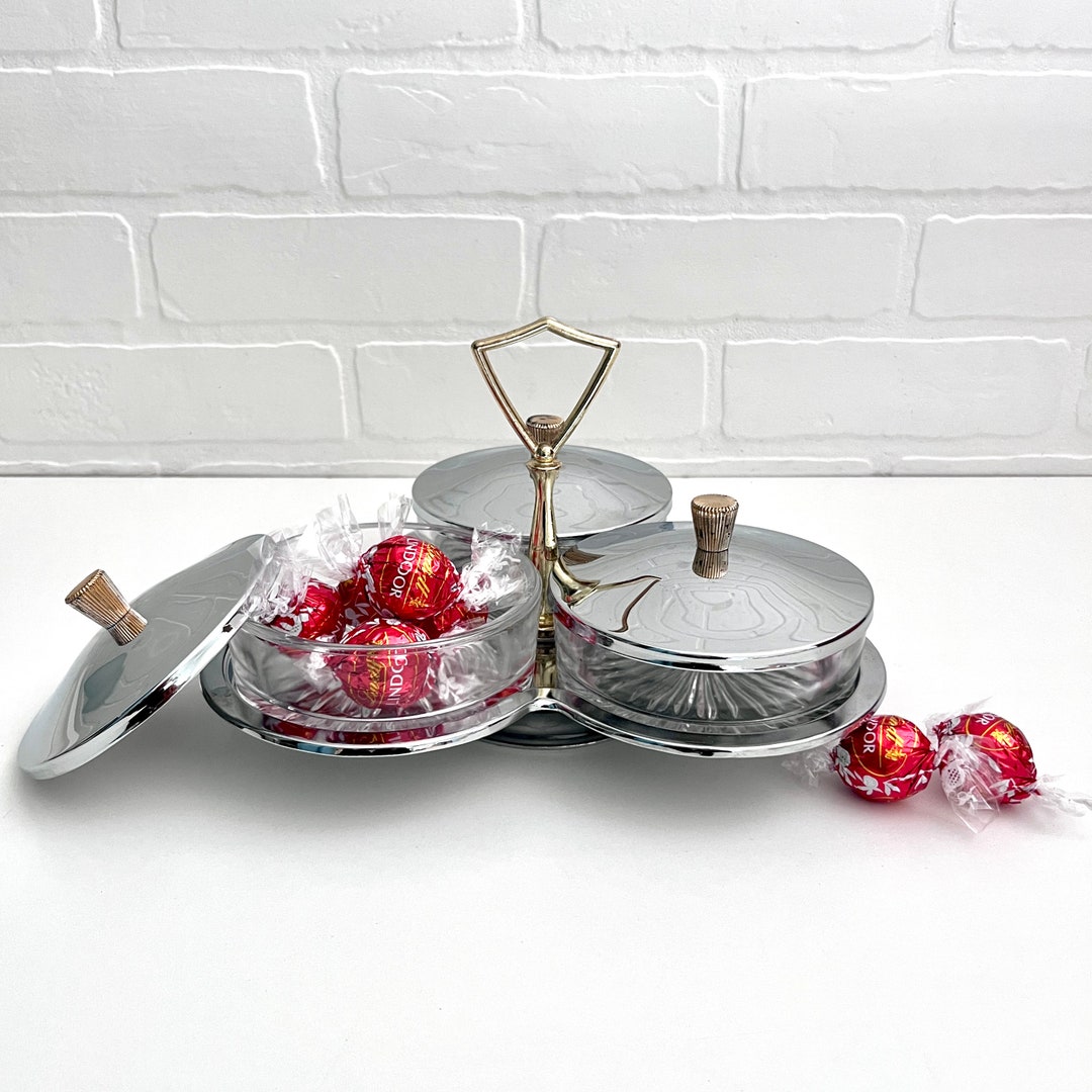 Vintage Chrome and Glass Divided Serving Piece, MCM Condiment Set ...