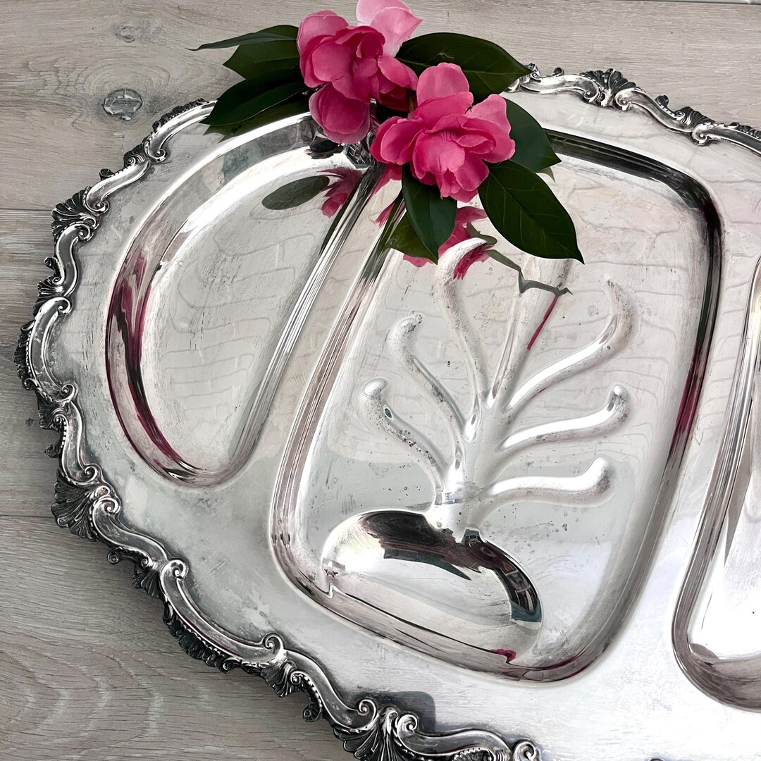 Large Silver Tray, Oval Silverplate Platter, Heavy Silver Tray, Aged ...