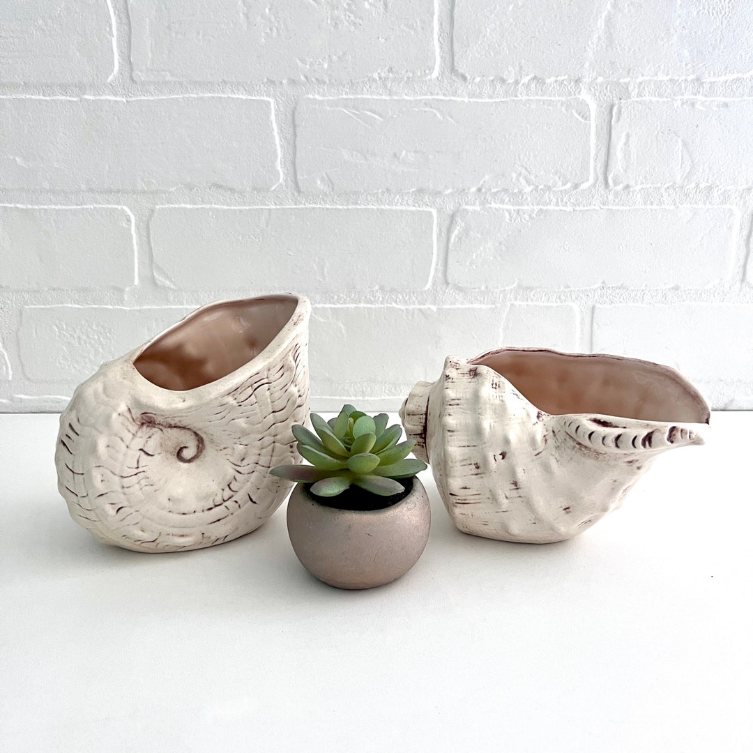 Vintage Seashell Planter, White Ceramic Conch Planter, Shell Pottery ...