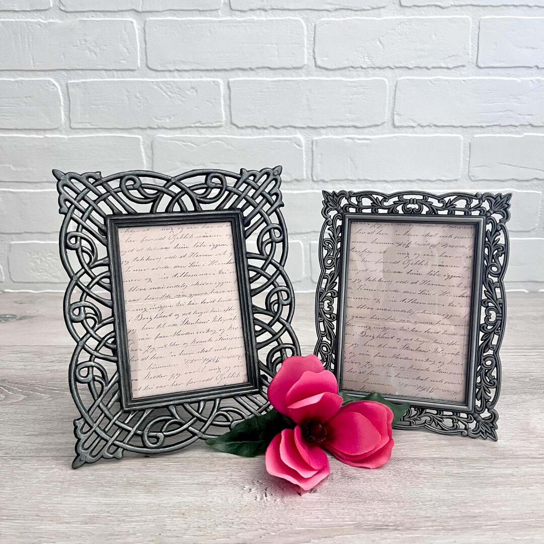Set of 2 Vintage Tabletop Picture Frames, Pair of Ornate Matte Silver ...