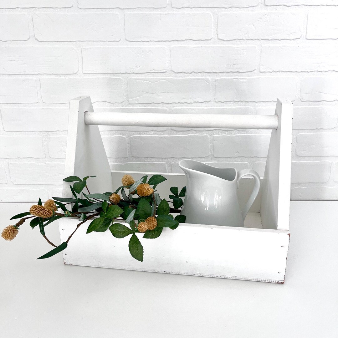 Wood Garden Tote With Handle, Wood Crate With Handle, White Garden Tool ...
