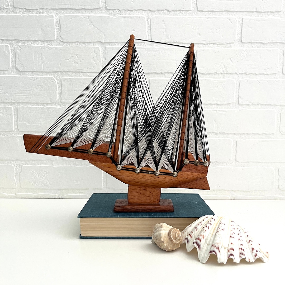 Vintage Wood Sail Boat Model, String Art Boat Model, Handmade Boat, Nautical Decor, Clipper Ship ...