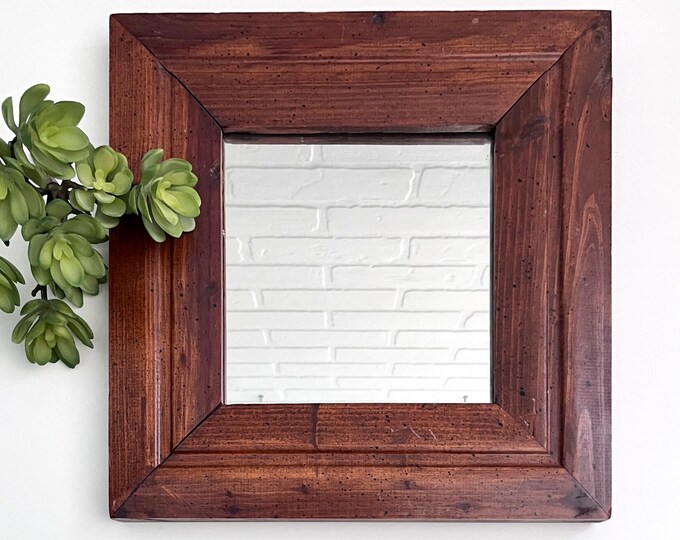 Vintage Wood Framed Wall Mirror, Square Wall Mirror, Rustic Wood Framed ...