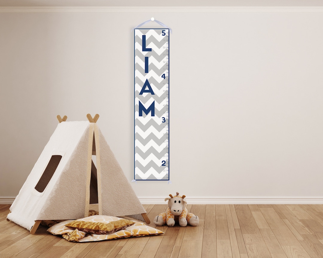 Personalized modern Chevron Growth Chart in Grey, Navy Blue and White ...