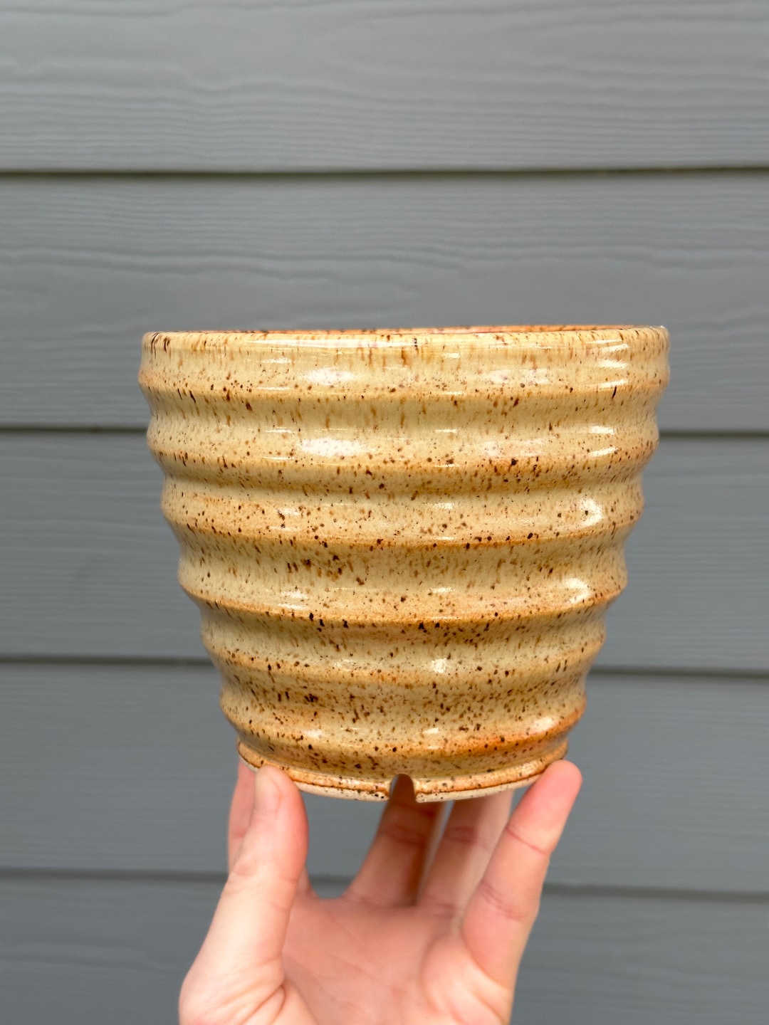 Ceramic 4” Planter | Handmade Pottery, Plant Pot, Tan Planter, Ribbed ...