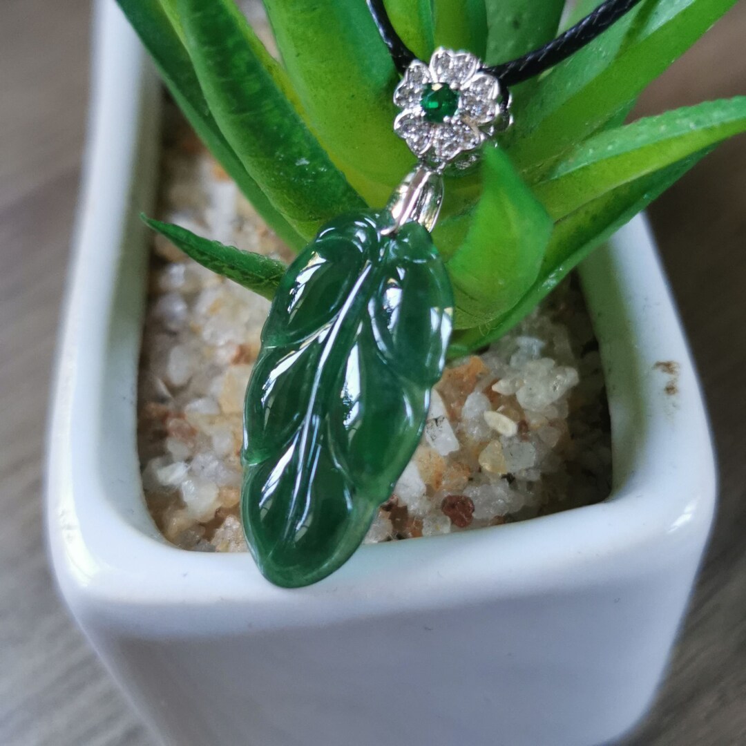 Jadeite Pendant Leaf Certified 925 Bail and Chain Grade A Clear and ...