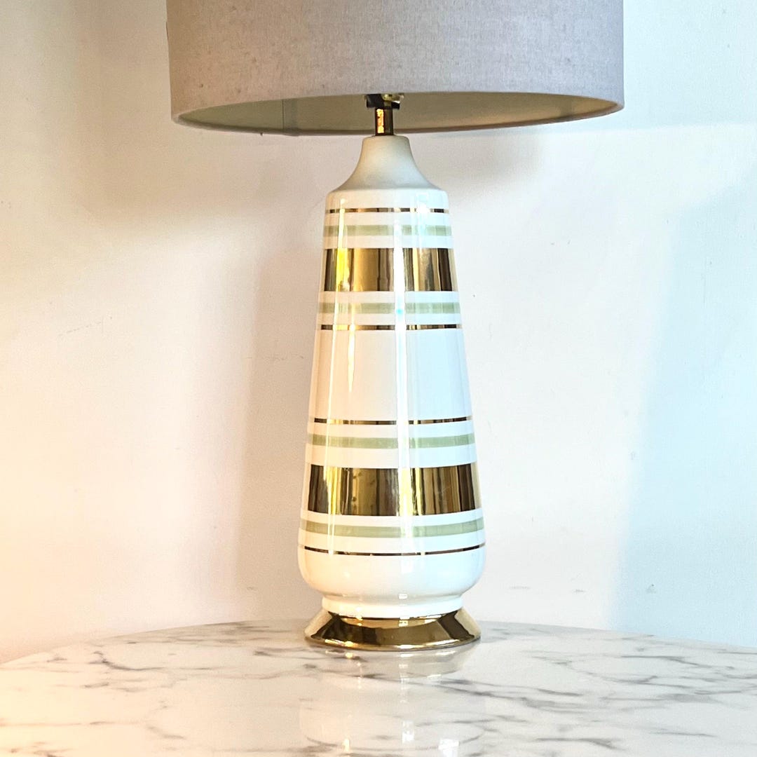 Midcentury Ceramic/porcelain Striped Lamp in Cream, Shiny Gold and Sage ...