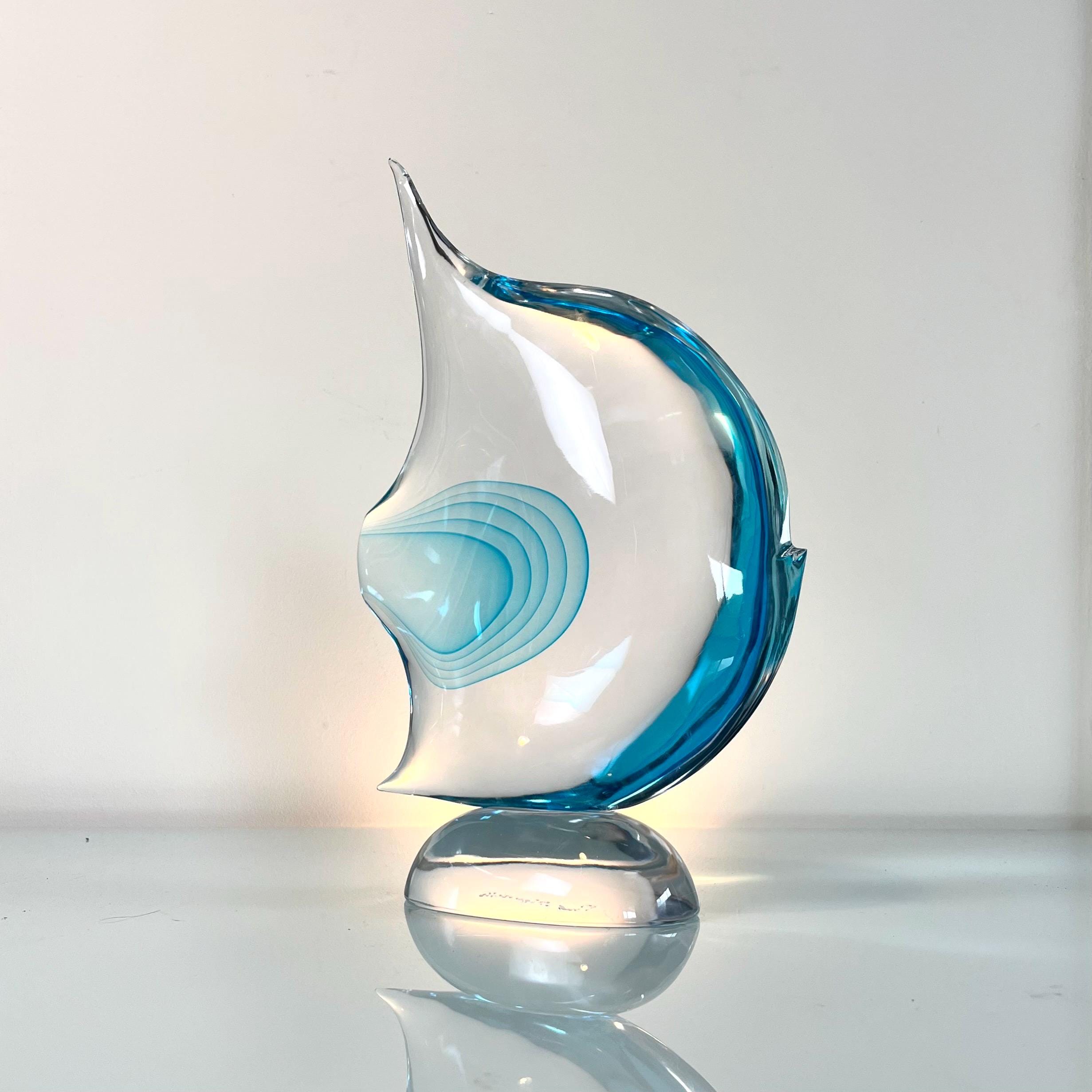 Signed Pino Signoretto Sommerso Fish in Clear Glass With Light Blue ...