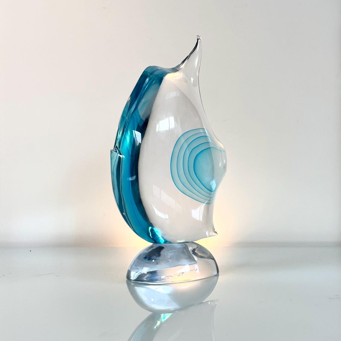 Signed Pino Signoretto Sommerso Fish in Clear Glass With Light Blue ...