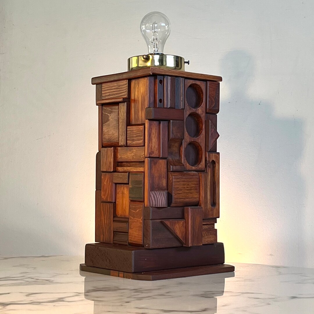 Midcentury Cubist Wood Lamp - Etsy