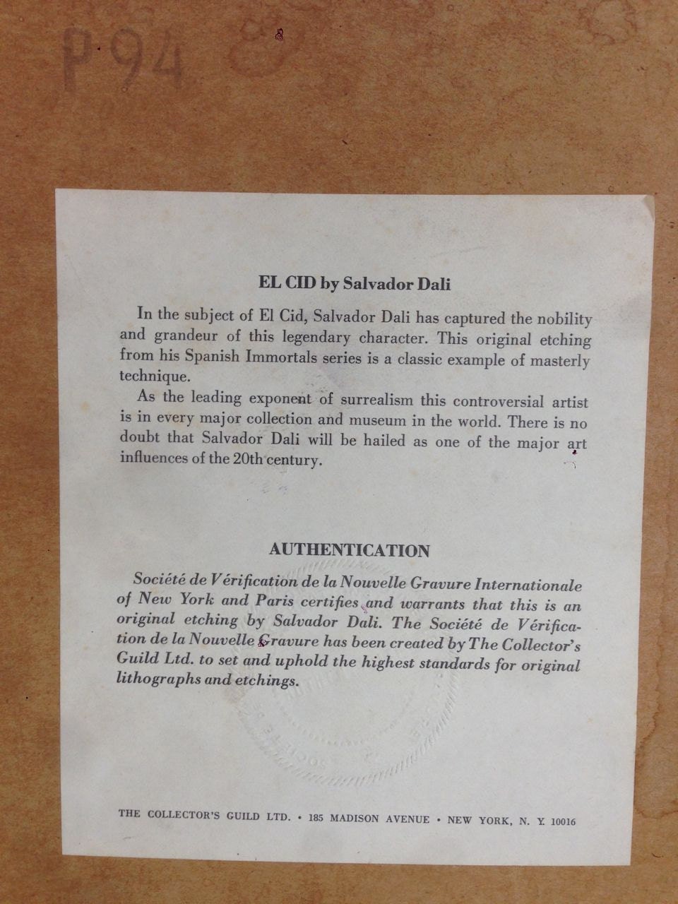 Salvador Dali "el Cid" Etching With COA - Etsy